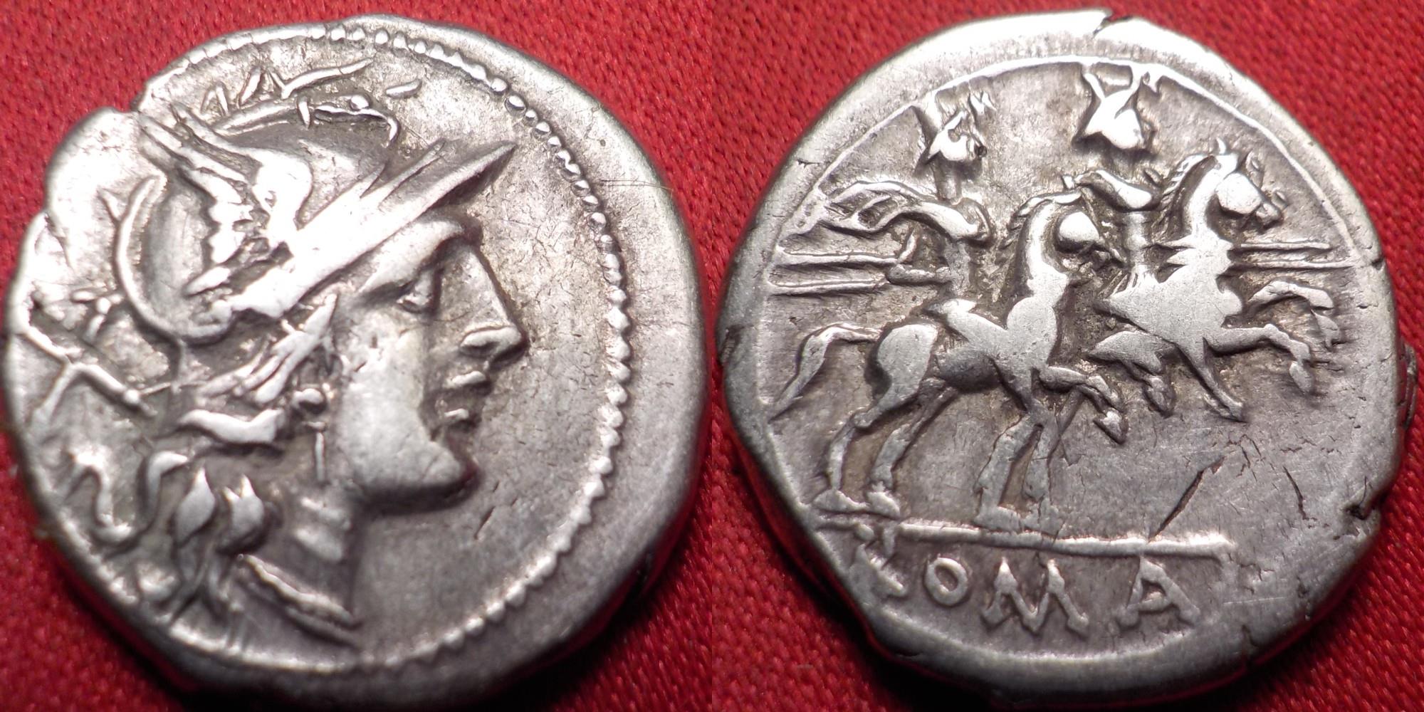 ANONYMOUS AR silver denarius. After 211 BC. Helmeted Roma, The Dioscuri ...