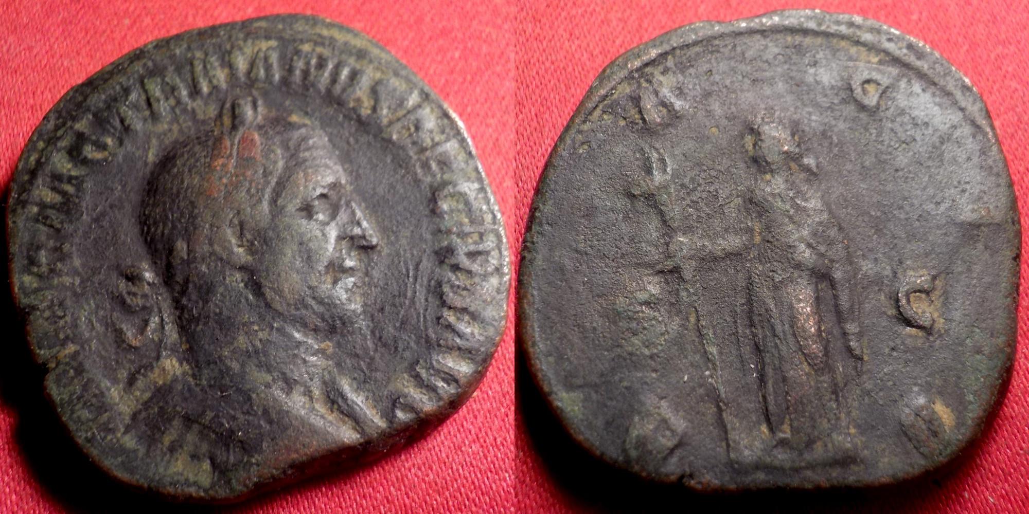 TRAJAN DECIUS AE sestertius. DACIA standing, holding draco staff