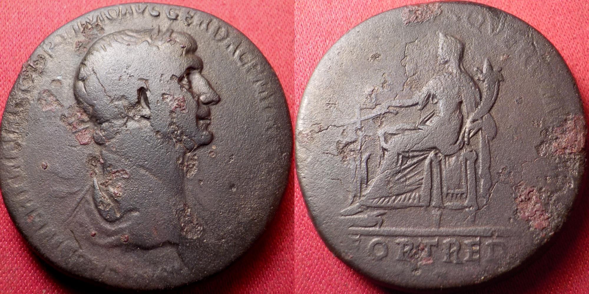 TRAJAN AE sestertius, Fortuna seated, holding rudder & cornucopia.