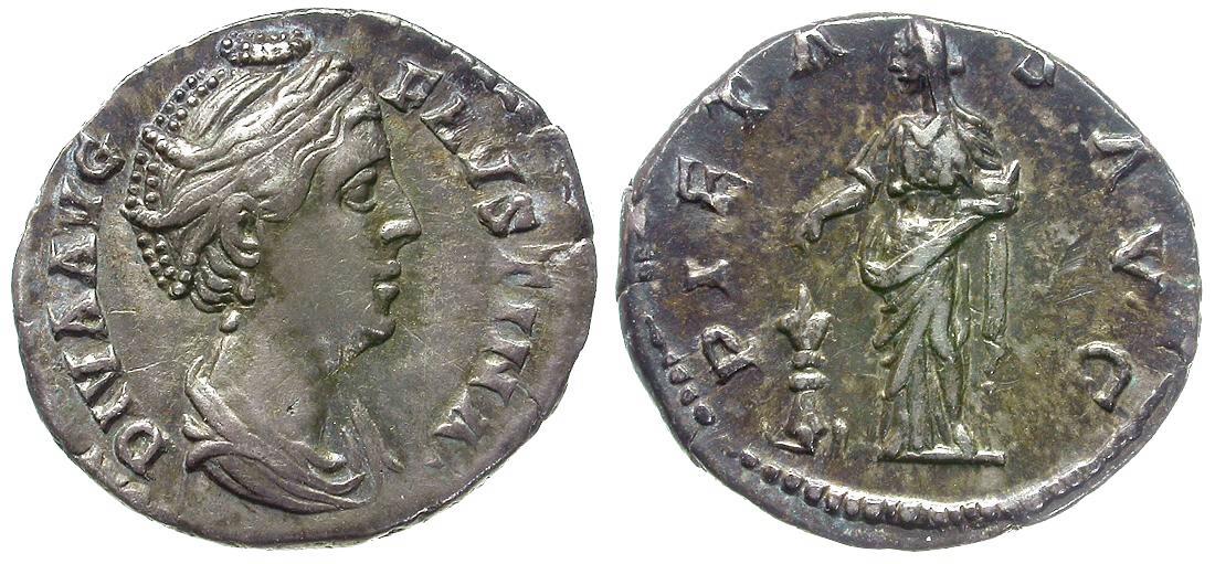 Diva Faustina I (died AD 141) AR Denarius / Pietas | Roman Imperial Coins