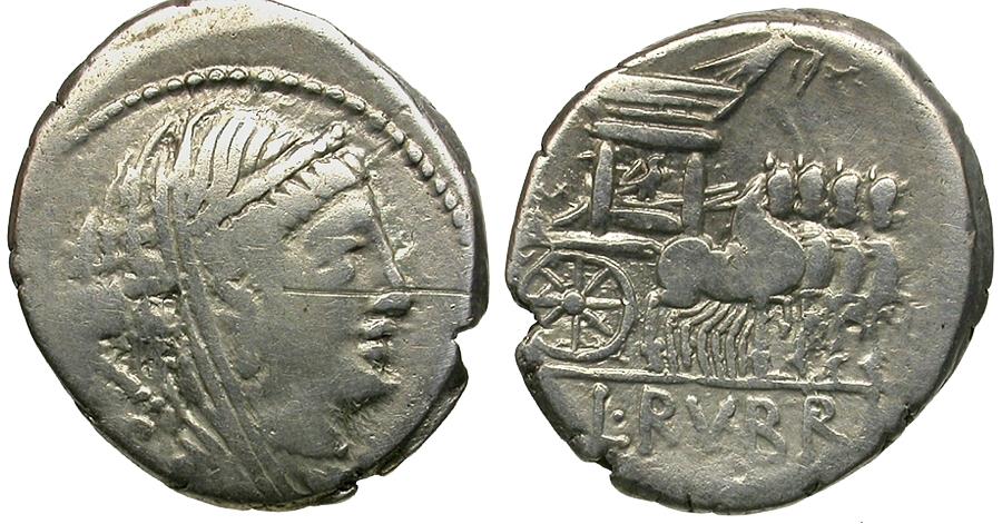 87 BC - Roman Republic L. Rubrius Dossenus AR Denarius / Triumphal Quadriga