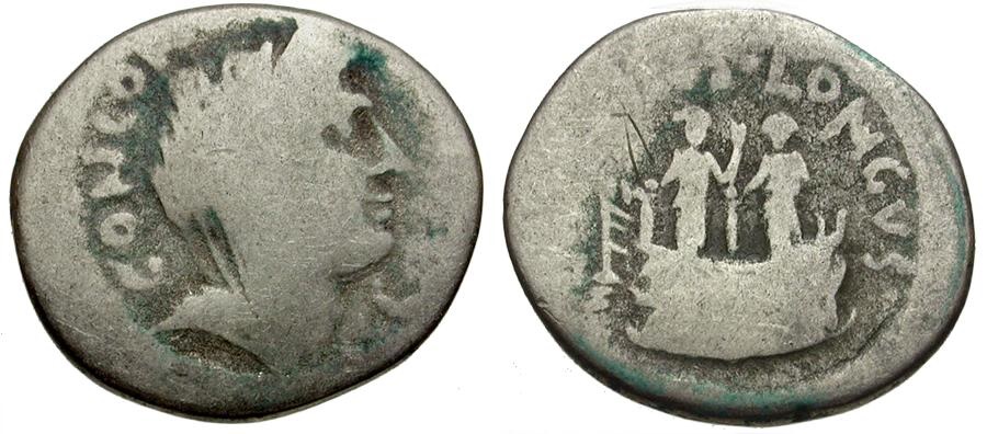 42 BC - Roman Republic. L. Mussidius Longus AR Denarius / Two Statues ...