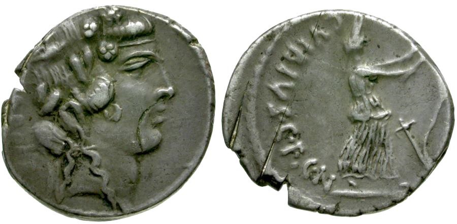 48 BC - Roman Republic. C. Vibius Pansa AR Denarius / Bacchus & Ceres