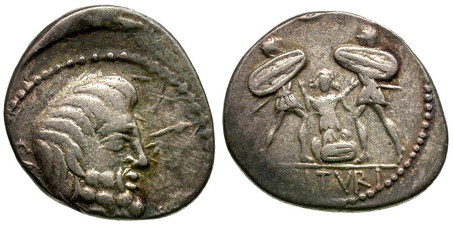 89 BC - Roman Republic. L. Titurius L. f. Sabinus AR Denarius / Tarpeia