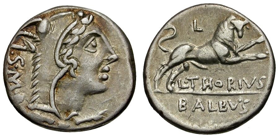 105 BC - Roman Republic. L. Thorius Balbus AR Denarius / Juno Sospita ...