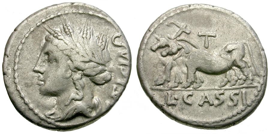 102 BC - Roman Republic. L. Cassius Caecianus AR Denarius / Oxen Ploughing