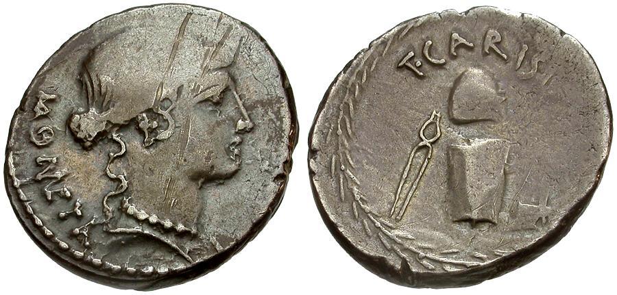 46 BC - Roman Republic T Carisius AR Denarius / Minting Tools