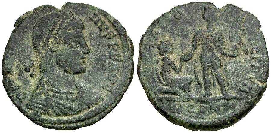 Magnus Maximus Æ Follis / Emperor raising woman | Roman Imperial Coins