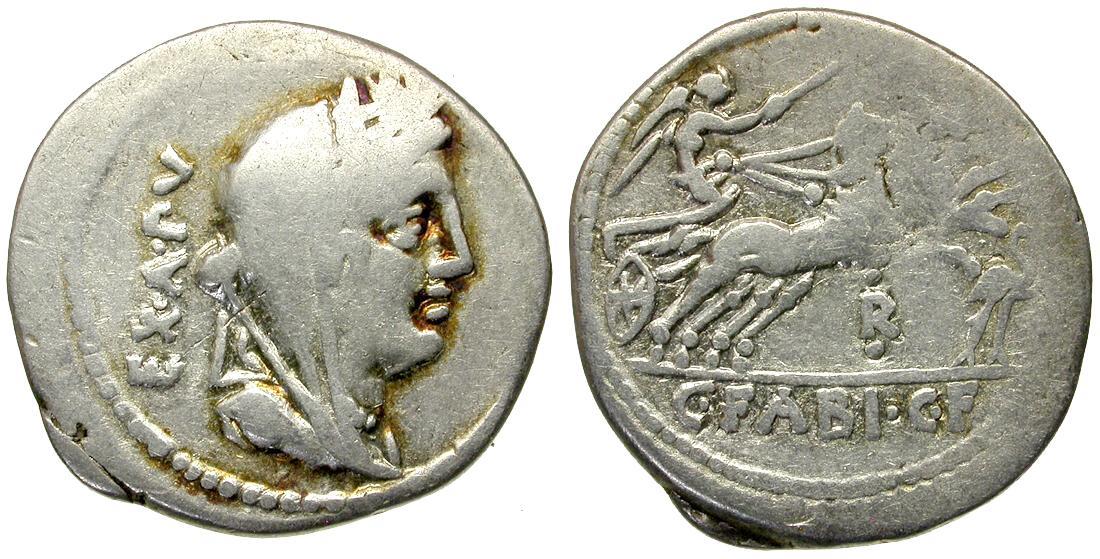 102 BC - Roman Republic. C. Fabius C.f. Hadrianus AR Denarius / Victory ...
