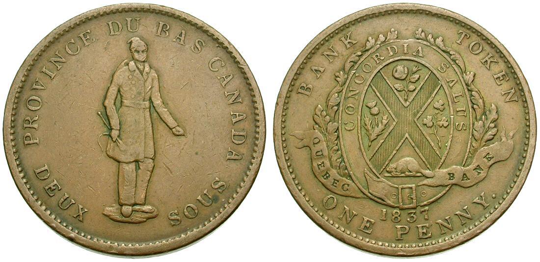 Canada. Province of Canada. Bank of Quebec Æ 2 Sous (Penny) Token