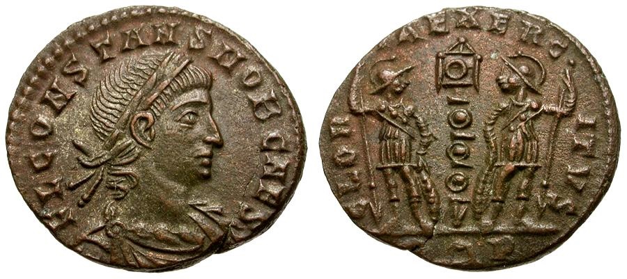 Constans as Augustus Æ4 / Two soldiers and One Standard | Roman ...