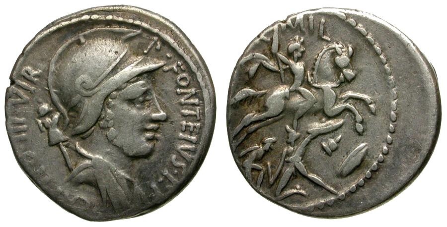 55 BC - Roman Republic. P. Fonteius P.f. Capito AR Denarius / Horseman ...