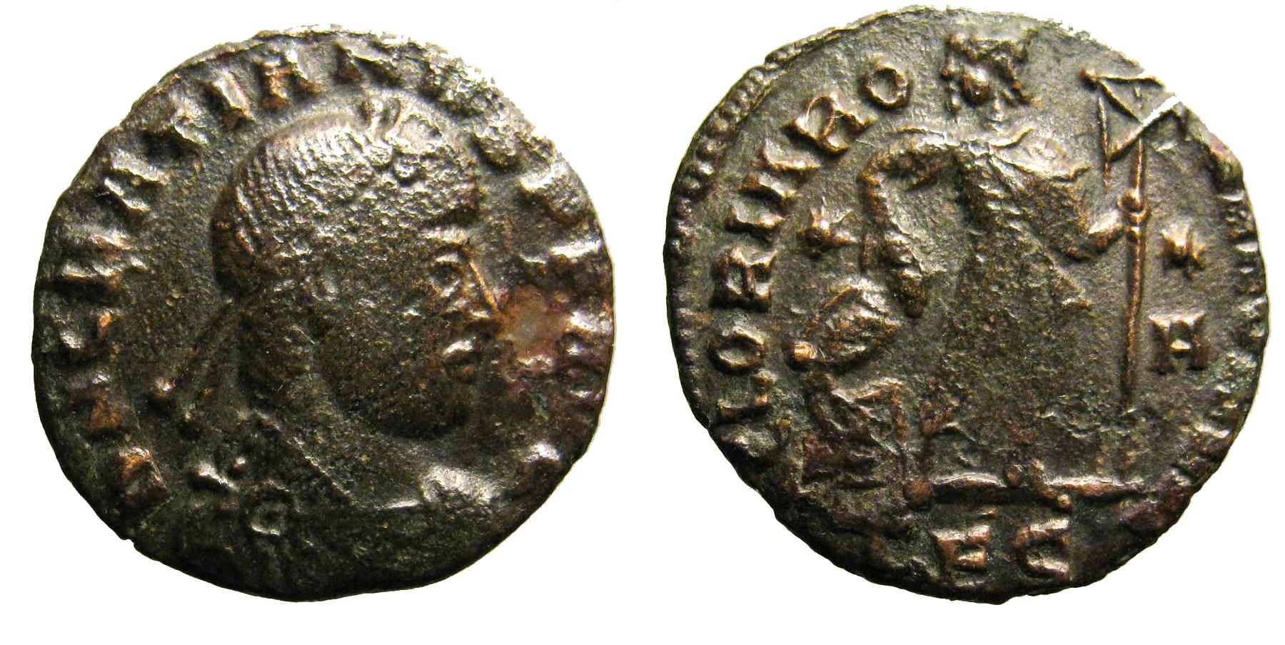 Gratian: AE3 Thesselonica, Emperor dragging captive, reverse | Roman ...