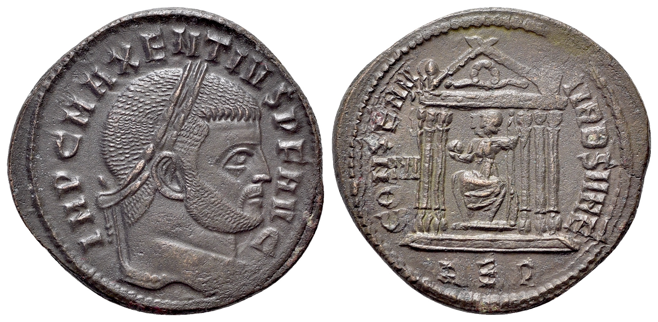 Maxentius (306-312). Æ follis. Laureate head. R/Roma seated left on ...