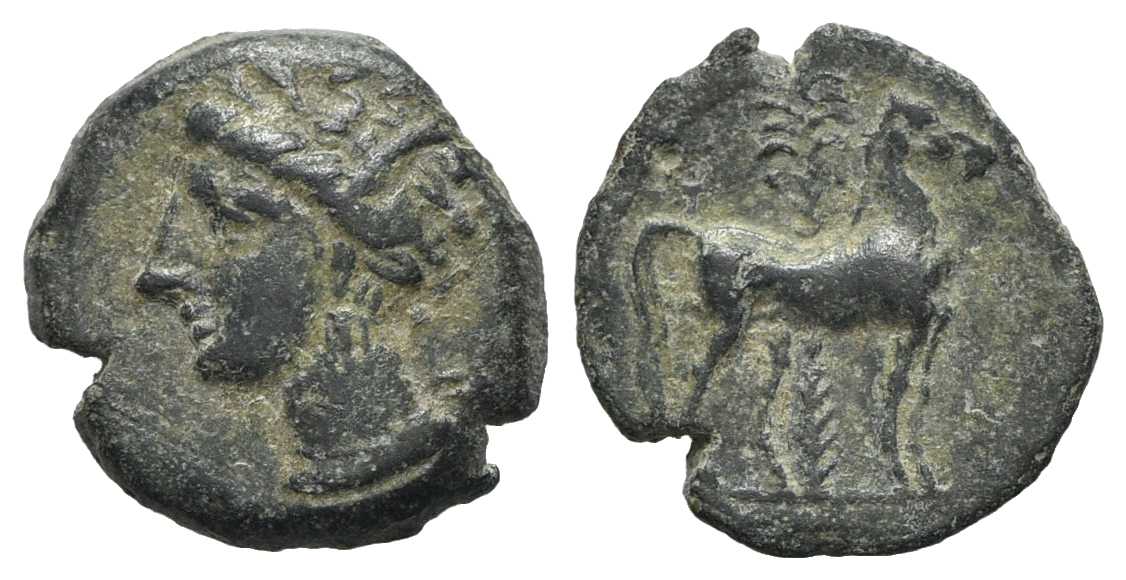 Carthage, c. 400-350 BC. Æ 16.5mm. Wreathed head of Tanit R/ Horse standing