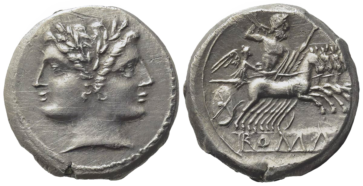 ROME REPUBLIC Anonymous, Rome, c. 225-212 BC. AR Quadrigatus. Laureate ...
