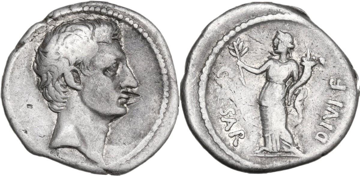 Augustus (27 BC-14 AD). AR Denarius, c. 32-29 BC. R/ CAESAR DIVI F. Pax ...