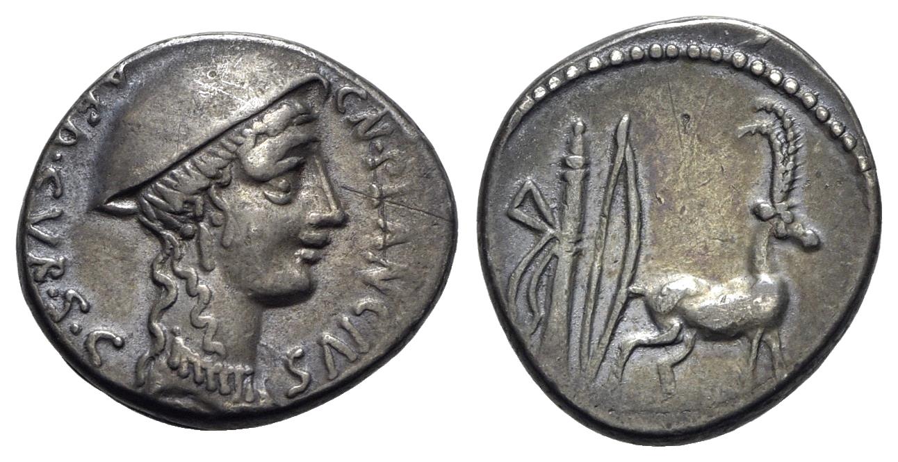 ROME REPUBLIC Cn. Plancius, Rome, 55 BC. AR Denarius. Head OF Diana ...