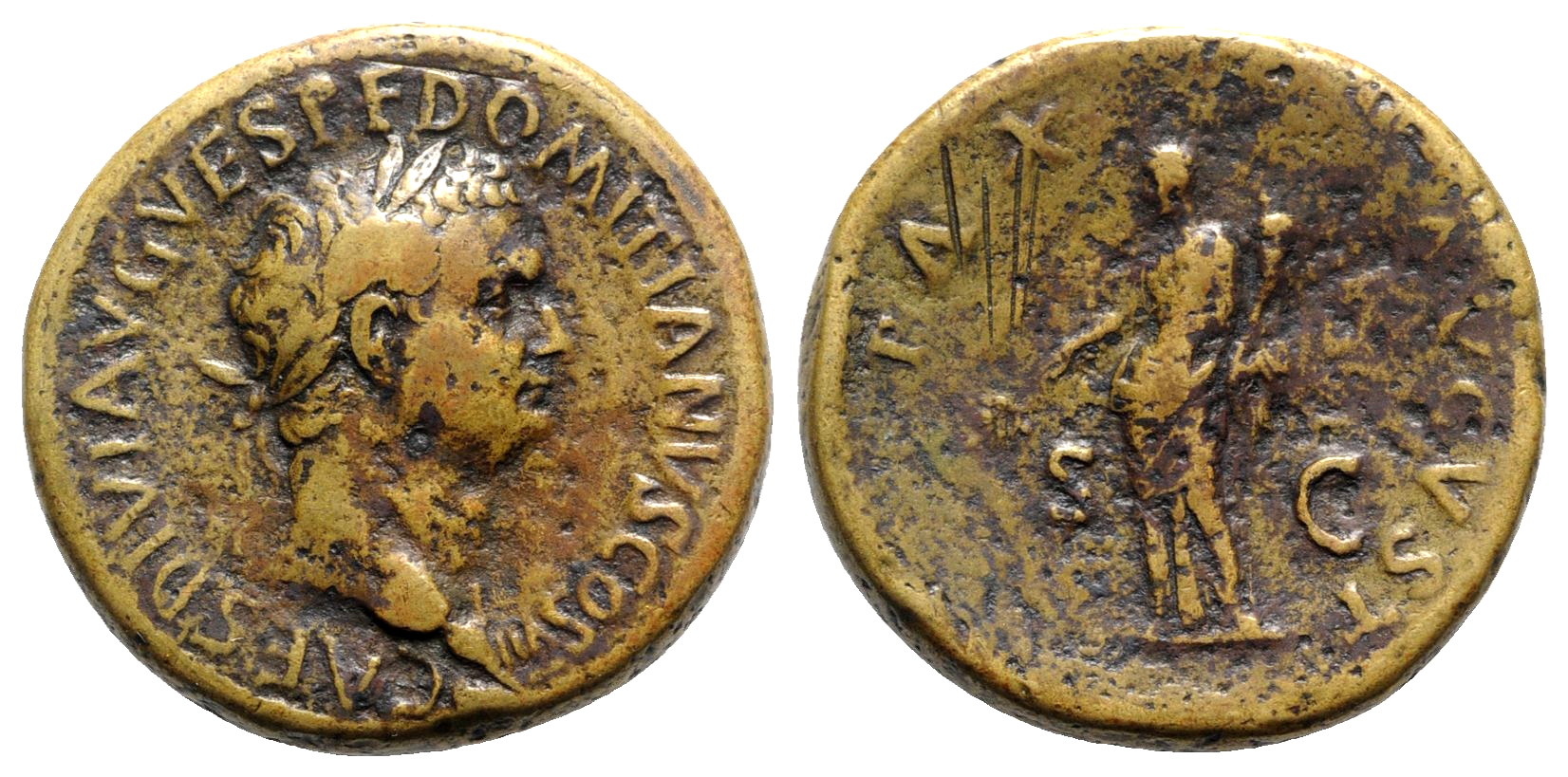 Domitian (Caesar, 69-81). Æ Sestertius. Rome, 80-1. R/ PAX BOLD PORTRAIT