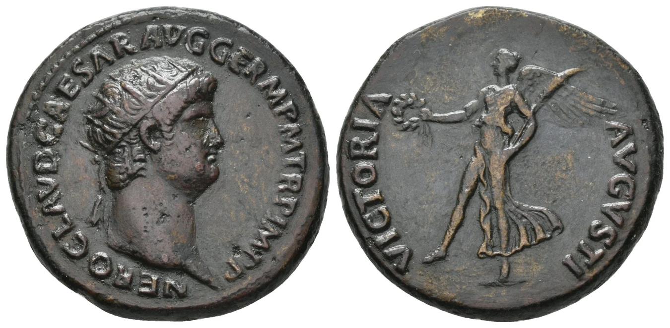 Nero (54-68). Æ Dupondius. Rome, c. AD 63. R/ VICTORY | Roman Imperial ...