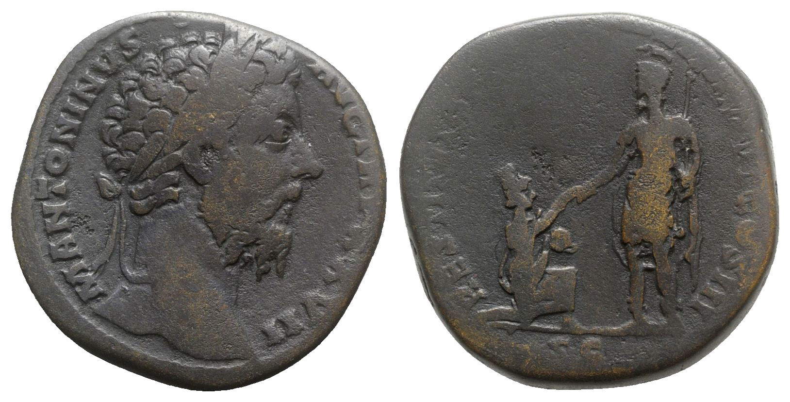 Marcus Aurelius (161-180). Æ Sestertius. Laureate head. R/ Aurelius standing raising kneeling ...