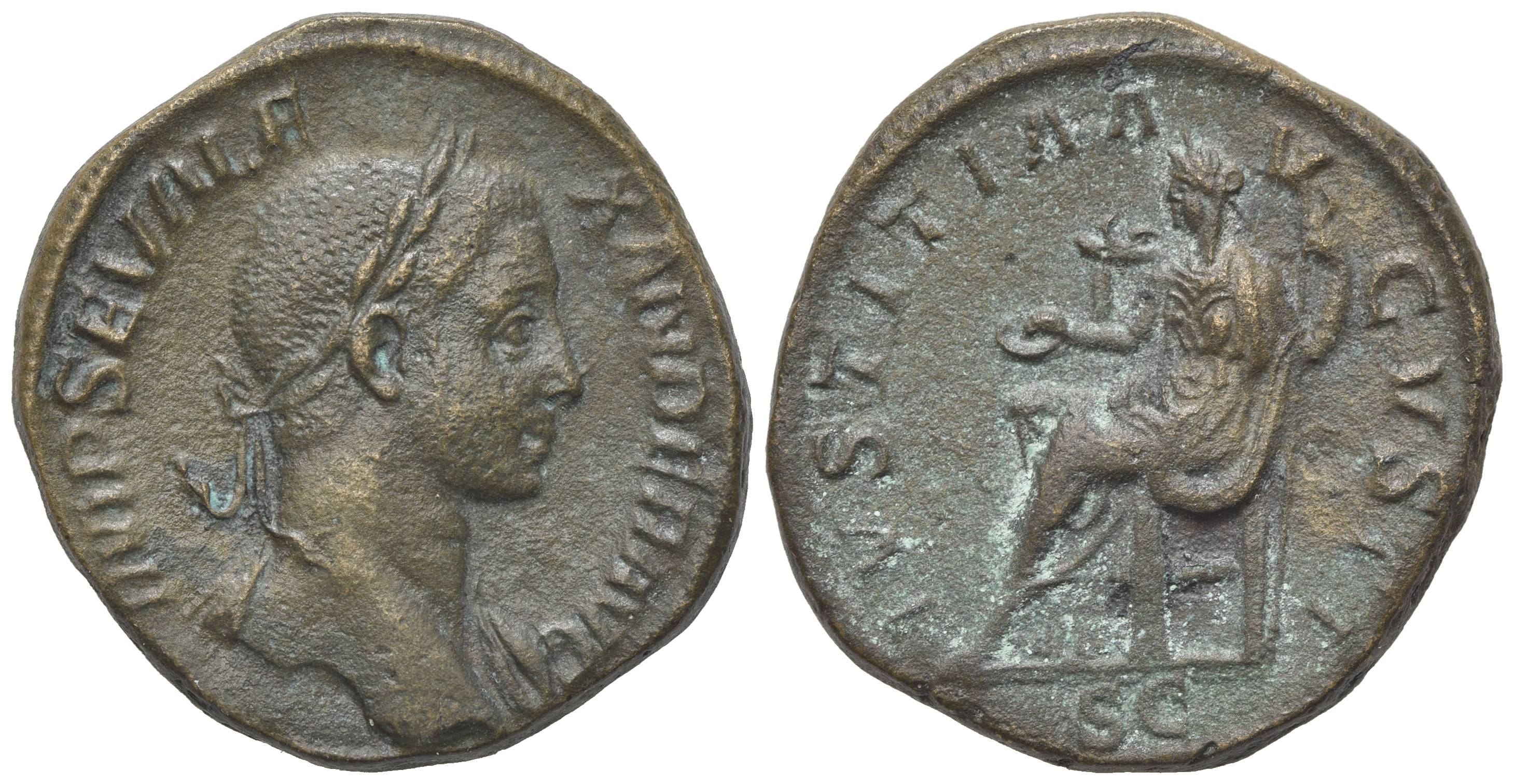 Severus Alexander (222-235). Æ Sestertius. Rome, AD 230. R/ Justitia seated