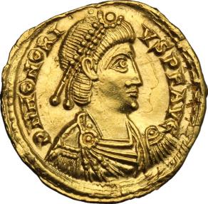 Honorius (393-423). GOLD Solidus, Ravenna mint, 402-406 AD. EXTREMELY FINE