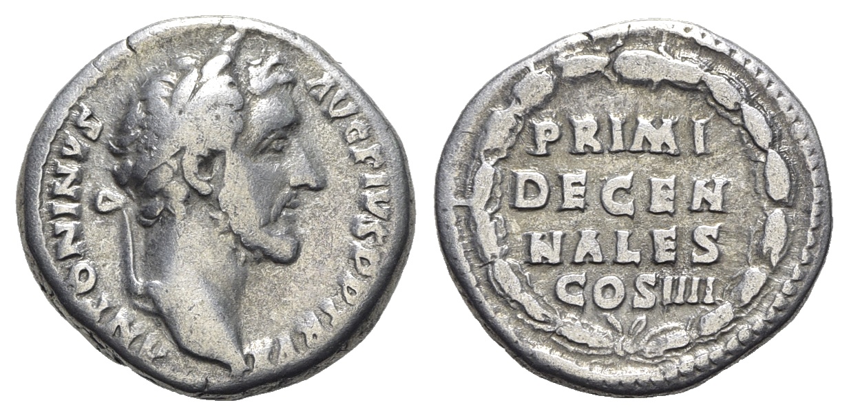 Antoninus Pius (138-161). AR Denarius. Rome, 147-8. R/ PRIMI/ DECEN ...