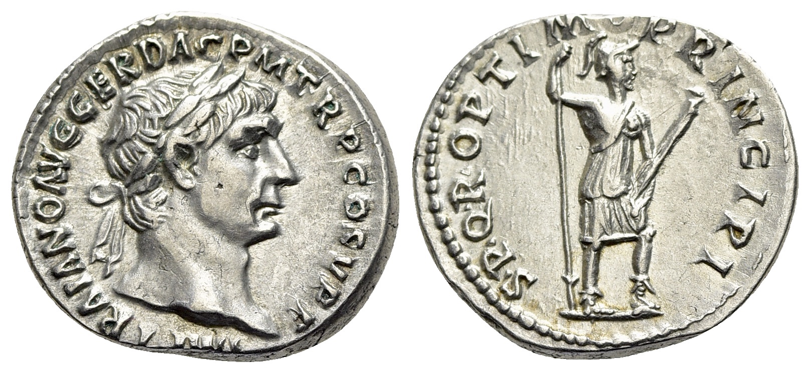 Trajan (98-117). AR Denarius. laureate bust. R/ Virtus standing ...