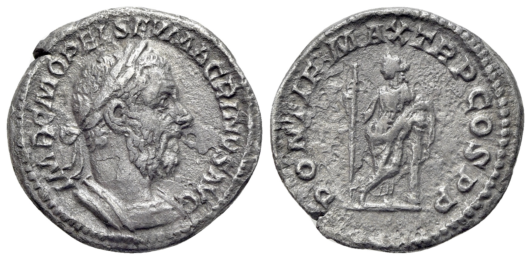 Macrinus (217-218). AR Denarius. Laureate bust. Securitas leaning on column