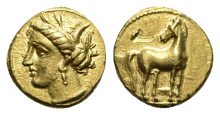 Carthage, 350-320 BC. AV Fifth Stater. Wreathed head of Tanit R/ Horse ...