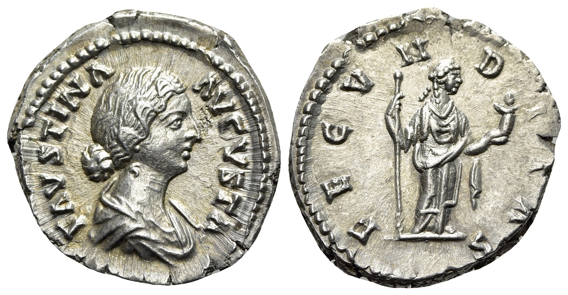 Faustina Junior (Augusta, 147-175). AR Denarius. Rome, c. 161-175. R/ FECUNDITAS EXTREMELY FINE