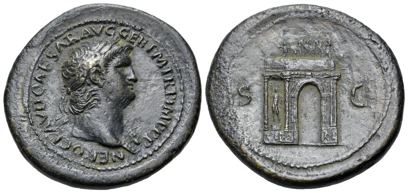 Nero (AD 54-68). Æ Sestertius. Rome mint. Struck AD 64. R/ Triumphal ...