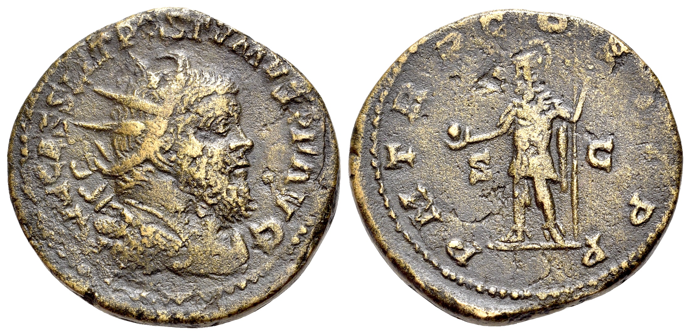 Postumus (260-269). Æ Double Sestertius. Treveri. R/ Postumus standing