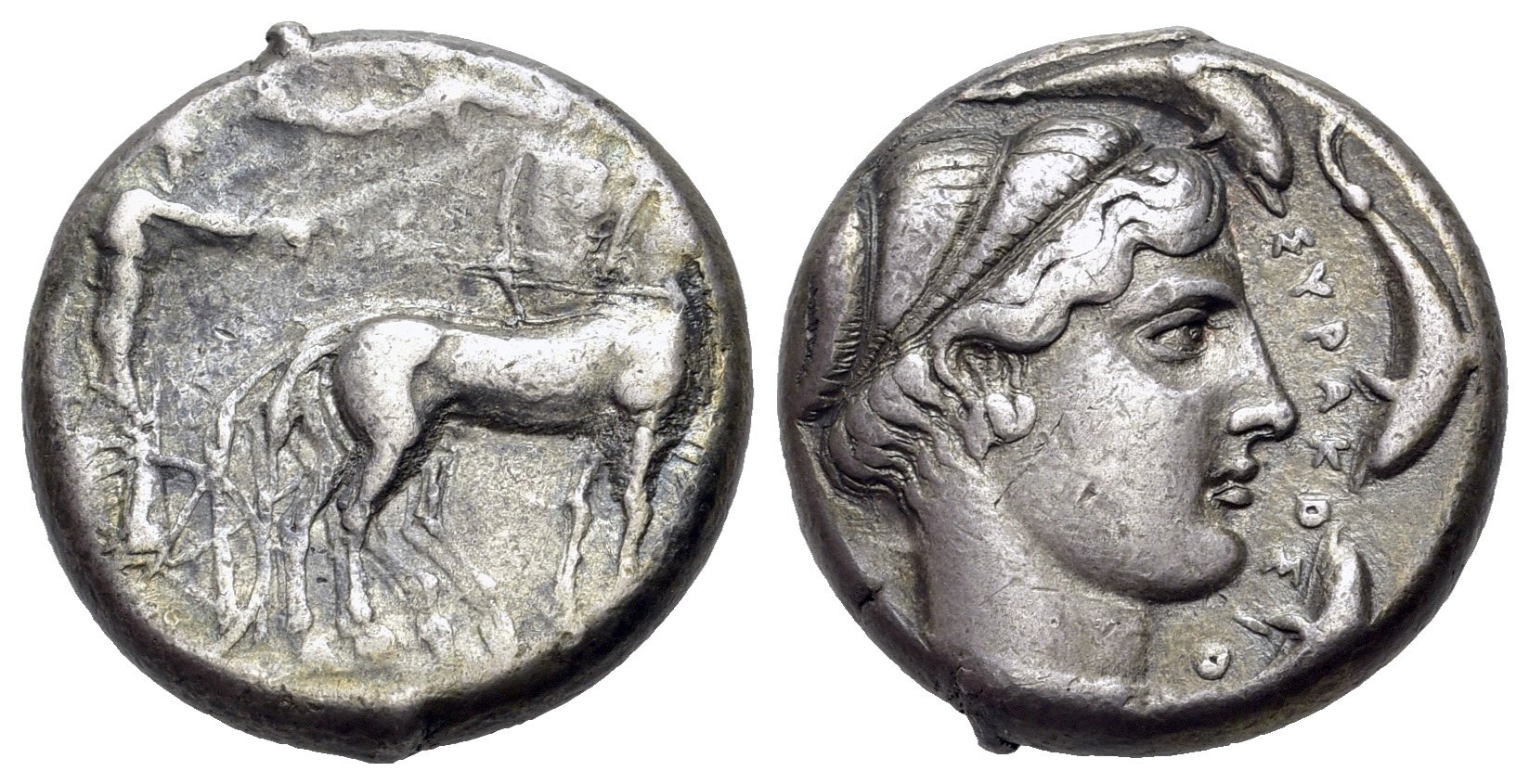 Syracuse (circa 430-420 B.C.). AR Tetradrachm. R/ Head of nymph Arethusa
