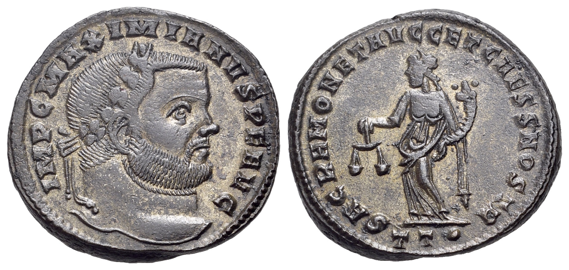Maximianus Herculius (286-305). Æ Follis. Ticinum. Laureate head. R/Moneta