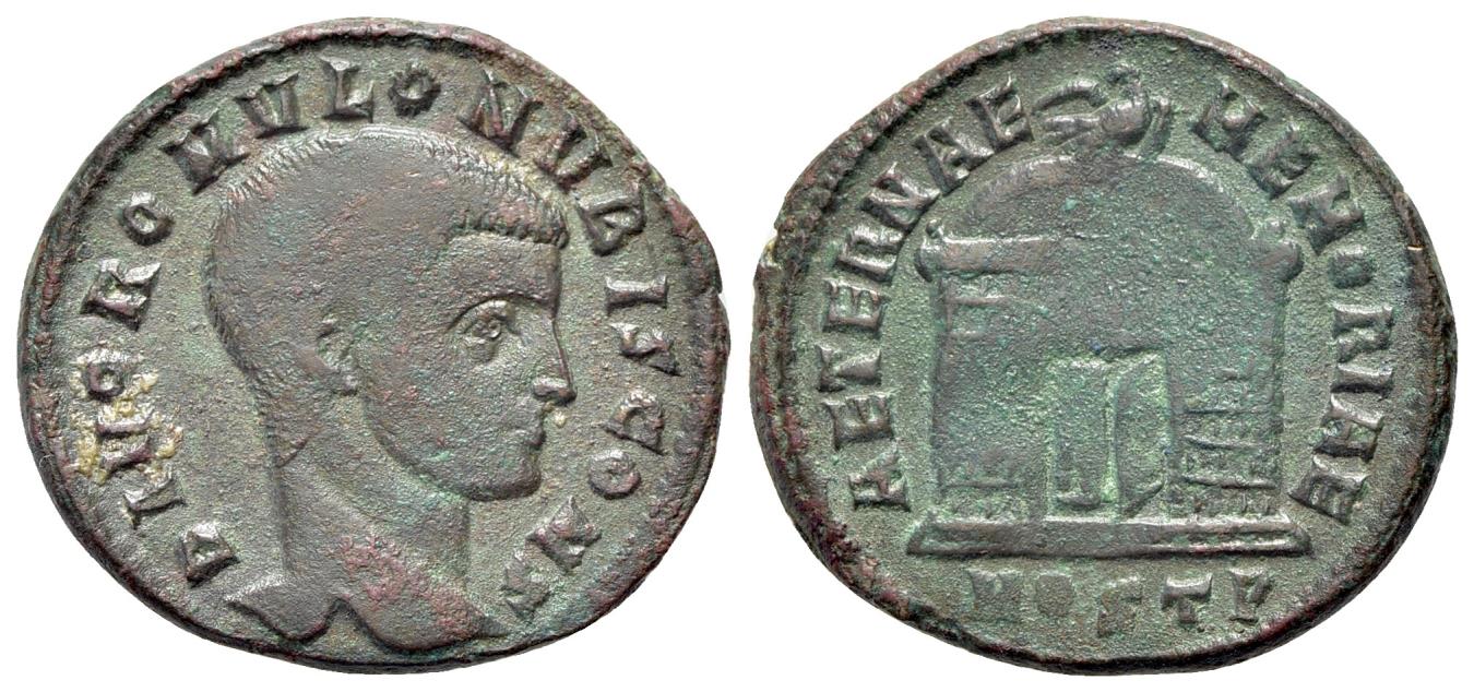 Divus Romulus (Died AD 309). Æ follis. Ostia. Domed shrine with right ...