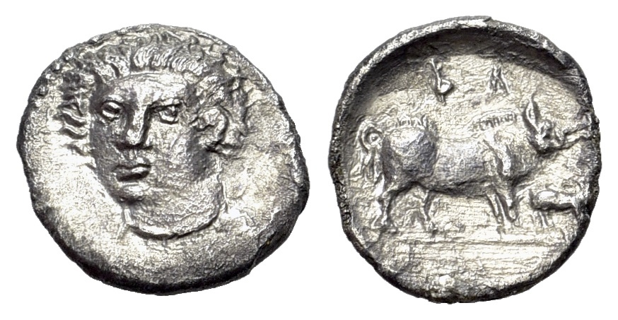 Sicily, Abakainon, c. 420-410 BC. AR Litra R/ Sow and piglet standing RARE