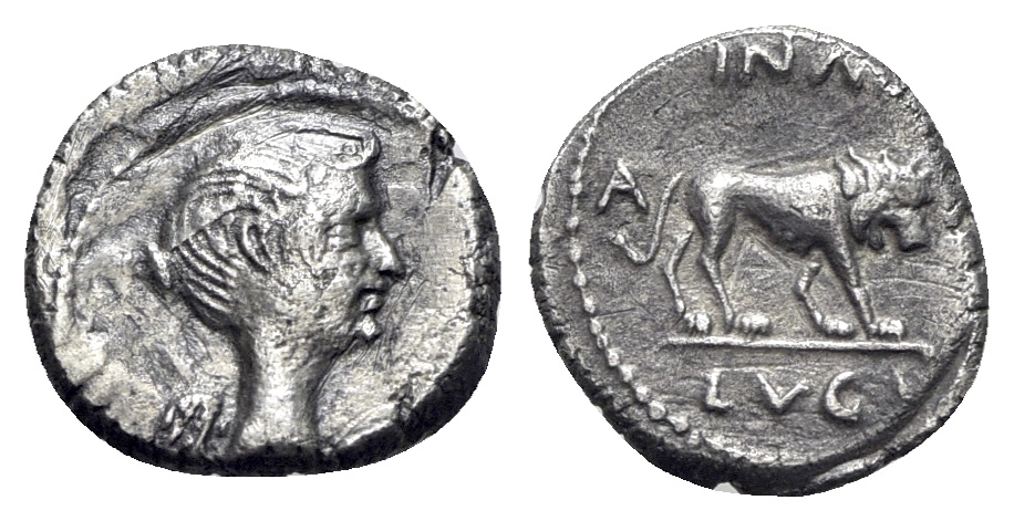 Mark Antony, Lugdunum, early 42 BC. AR Quinarius | Roman Republican Coins