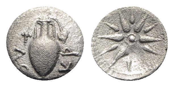 Lokris, Lokri Opuntii, c. 340-330 BC. AR Obol. Amphora R/ Twelve-rayed star