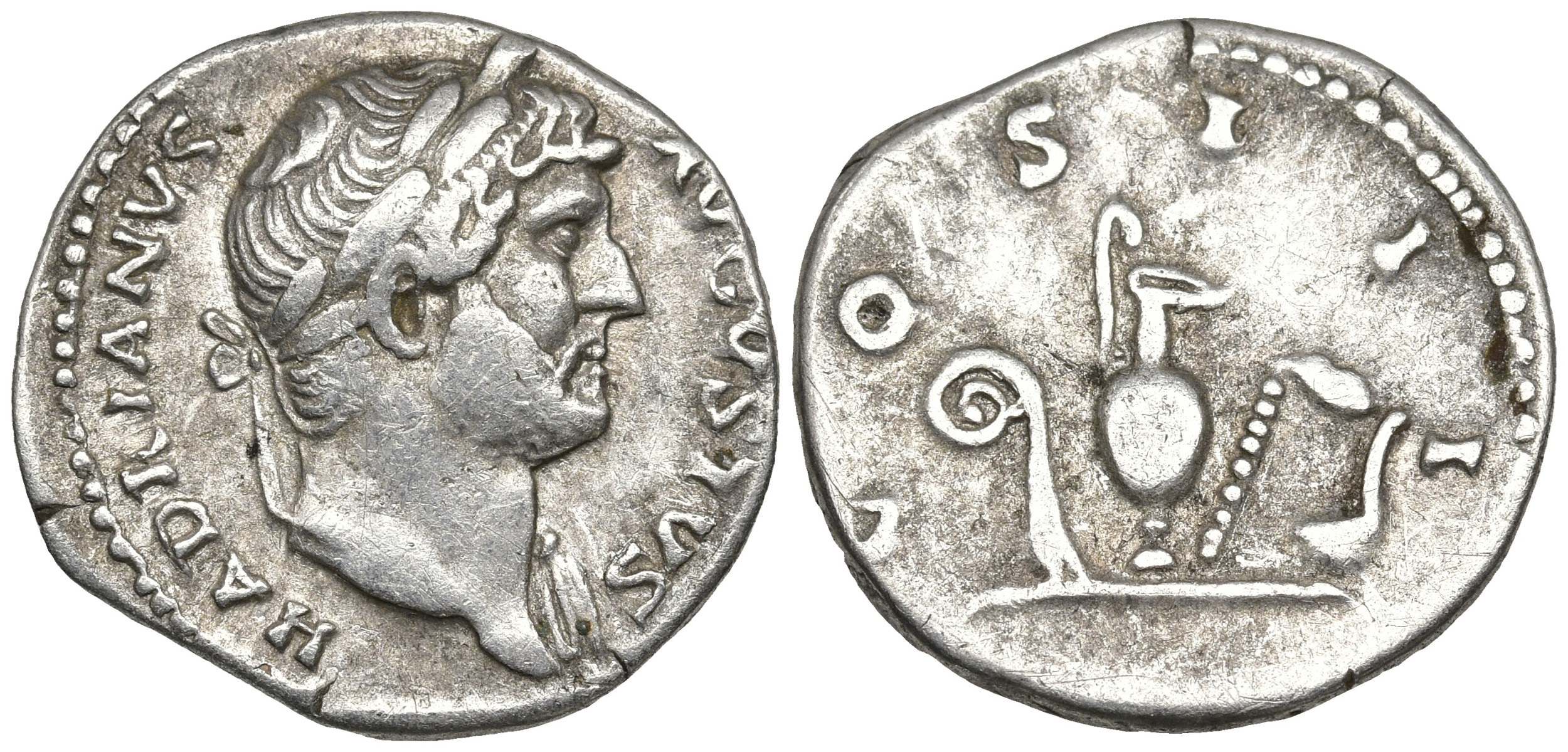 Hadrian (117-138). AR Denarius. Rome, AD 125-128. R/ Sacrificial knife ...