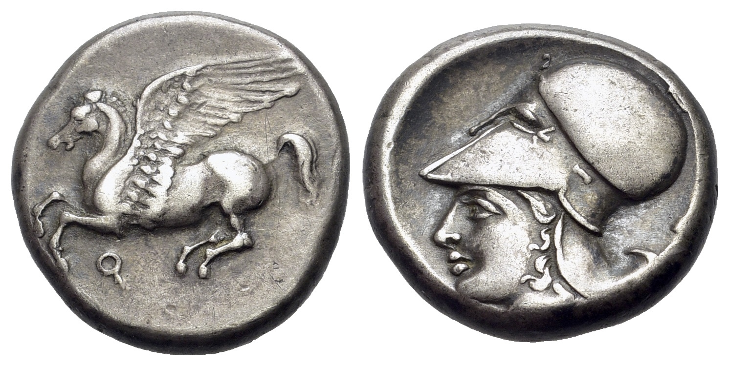 CORINTHIA, Corinth (c. 350/45-285 BC). AR Stater. Pegasos R/ Helmeted ...