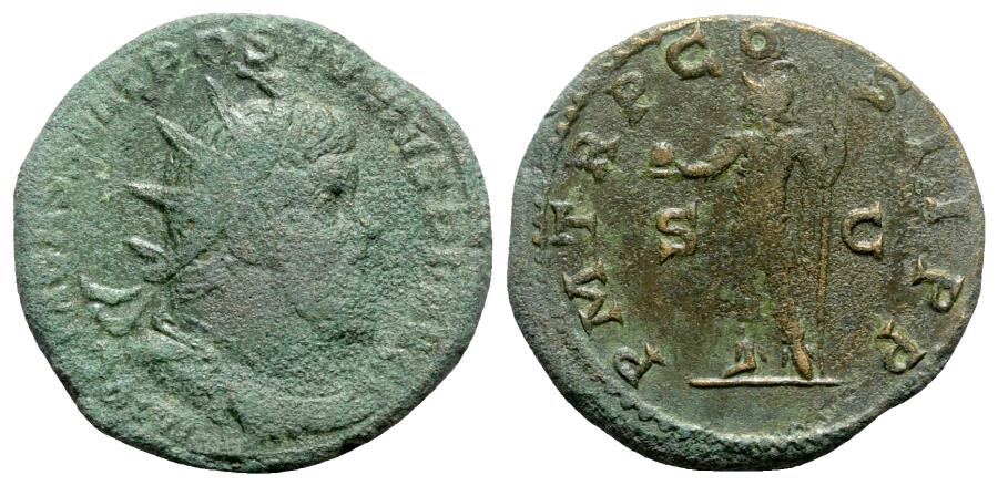 Postumus (260-269). Æ Double Sestertius - R/ Emperor with globe and spear