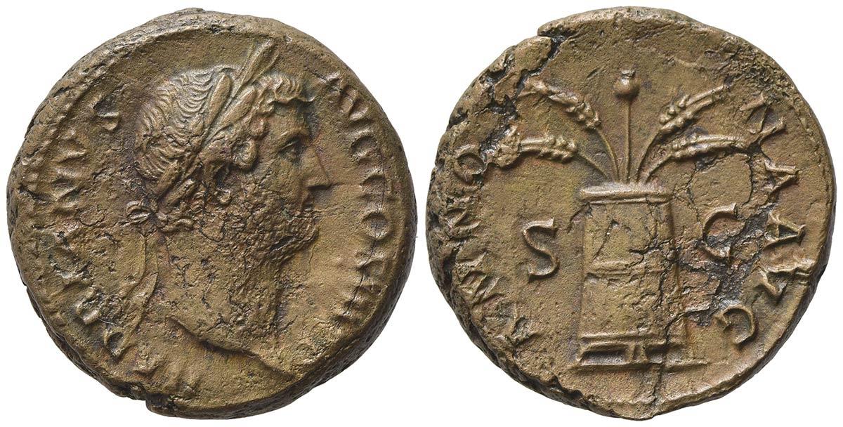 Hadrian (117-138). Æ As. Rome, c. 134-8. R/ Modius with grain ears and ...