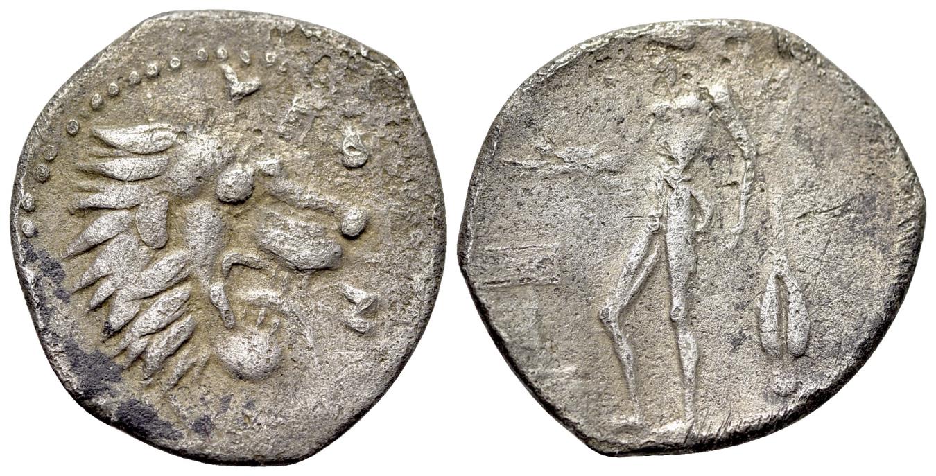 Sicily, Leontinoi, c. 450-440 BC. AR Litra. Head of lion / River god