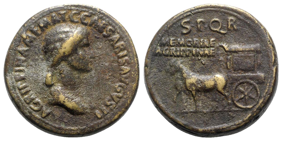 Agrippina Senior (died 33). Paduan Sestertius. Rome, 37-41. R/ CARPENTUM