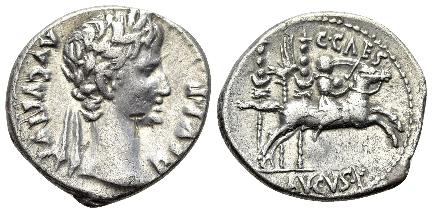 Augustus (27 BC-AD 14). AR Denarius (19.5mm, 3.75g, 1h). Lugdunum, 8 BC ...