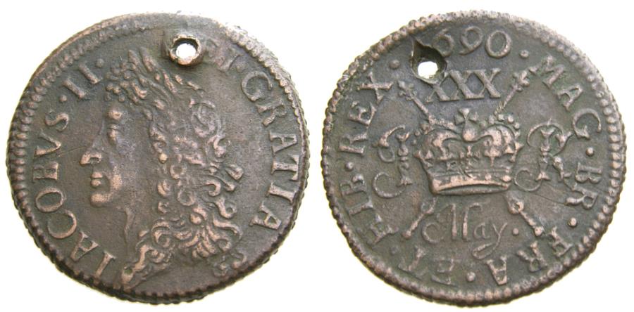 Ireland James II Gunmoney 1/2 Crown 1690 May Coinage Pierced S.6580(6)