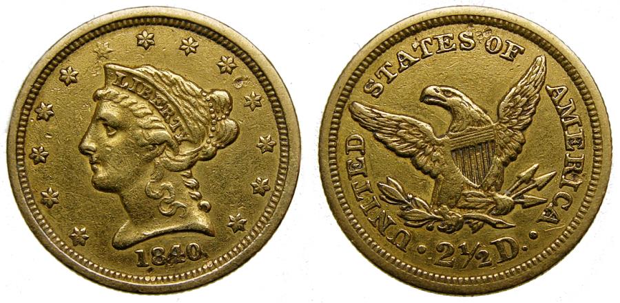 United States, 1840 Liberty Gold Quarter Eagle $2.50 - 2½ Dollars VF ...