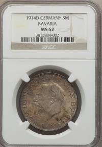 Germany Bavaria Ludwig III 3 Mark 1914-D NGC Graded MS62